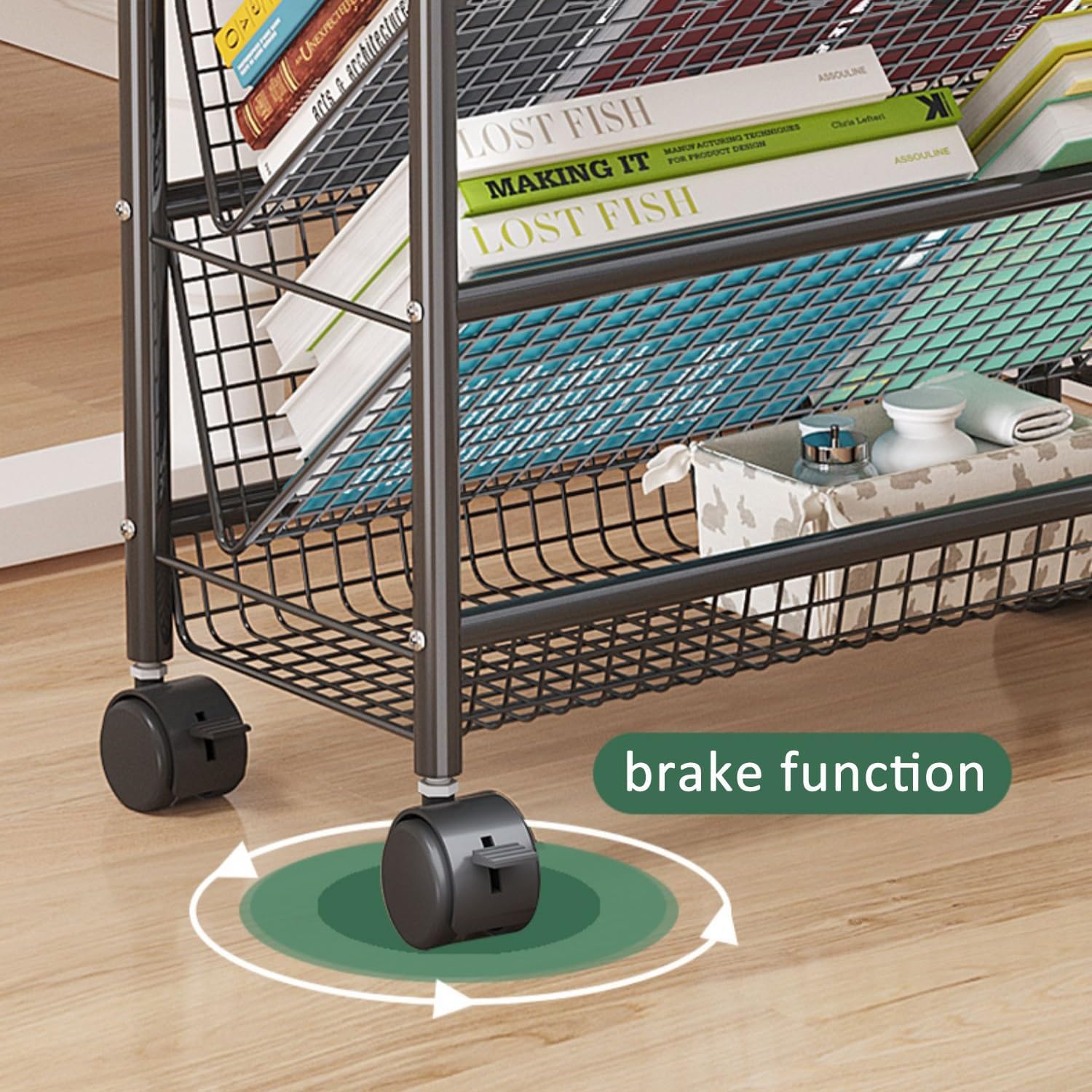 MOUNW Compact Rolling Book Cart, 6 Tiers Movable Bookshelf Cart Storage Rack, with 360° Universal Wheel, for Office, Kitchen, Bathroom
