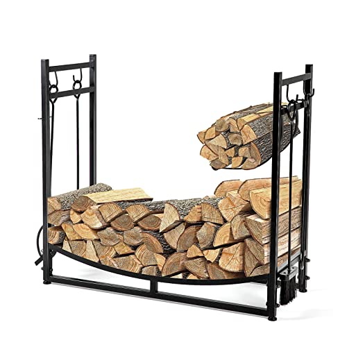 WBHome 3FT Heavy Duty Indoor Outdoor Firewood Storage Log Rack with 4 Tools - Includes Brush, Shovel, Poker, and Tongs