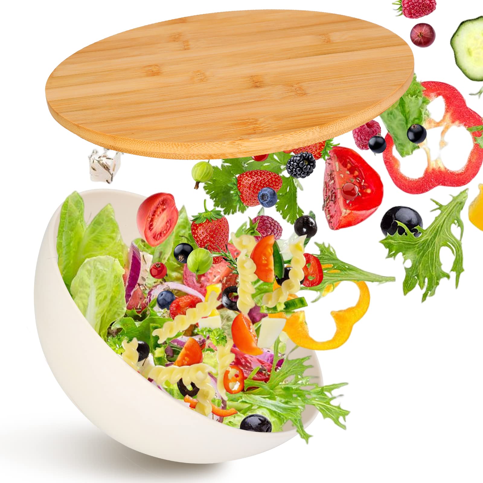 ShineMe Salad Bowl with Lid, Natural Bamboo Fiber Serving Bowls Set of 3 with Utensils & Lids, Mixing Bowls for Preparing, Storing and Serving for Cereal, Fruit,Chips, Bread(10",8",6")