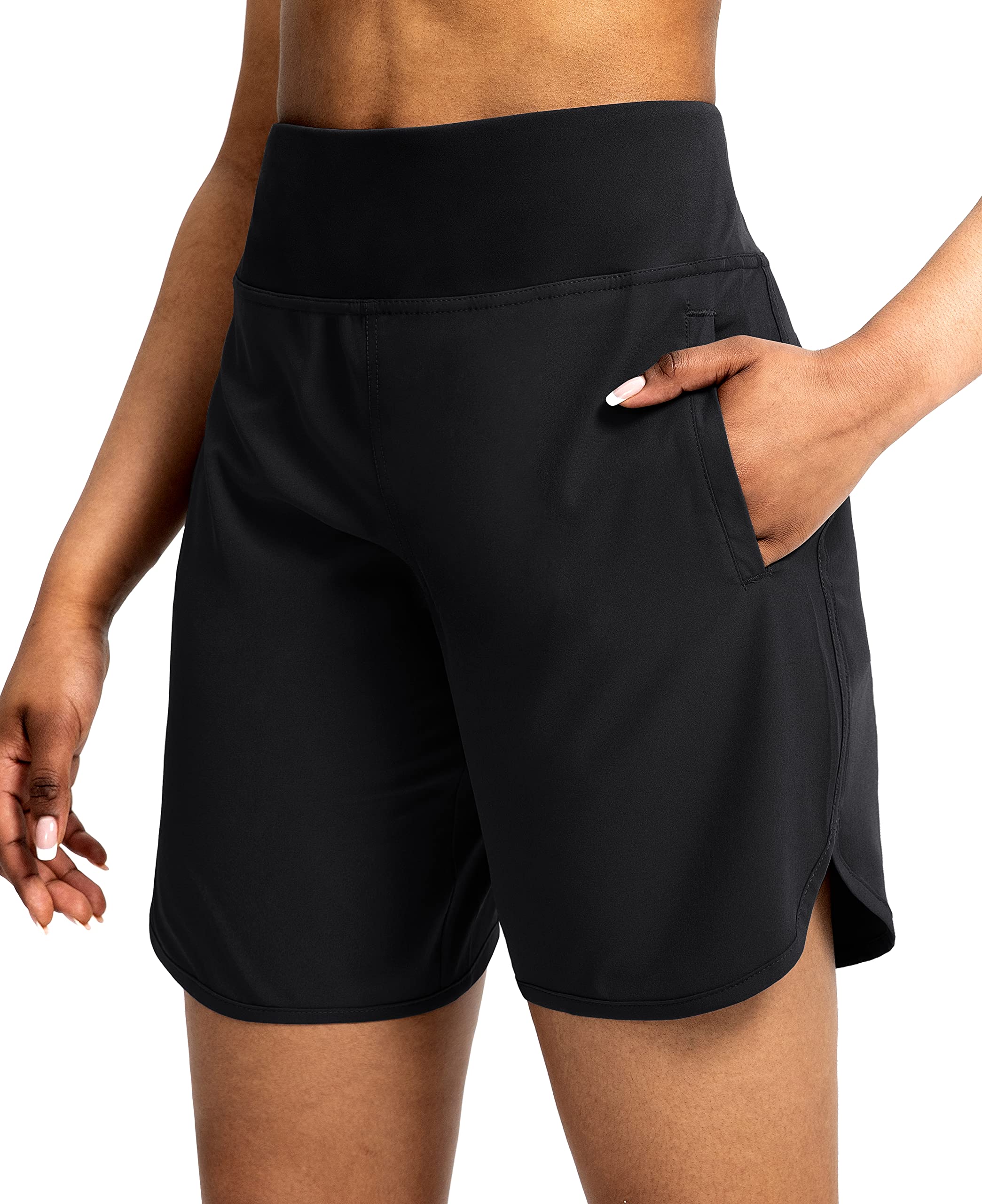 Soothfeel Women's Running Shorts with Zipper Pockets 7 Inch Long High Waisted Athletic Workout Gym Summer Shorts for Women (Black, Medium