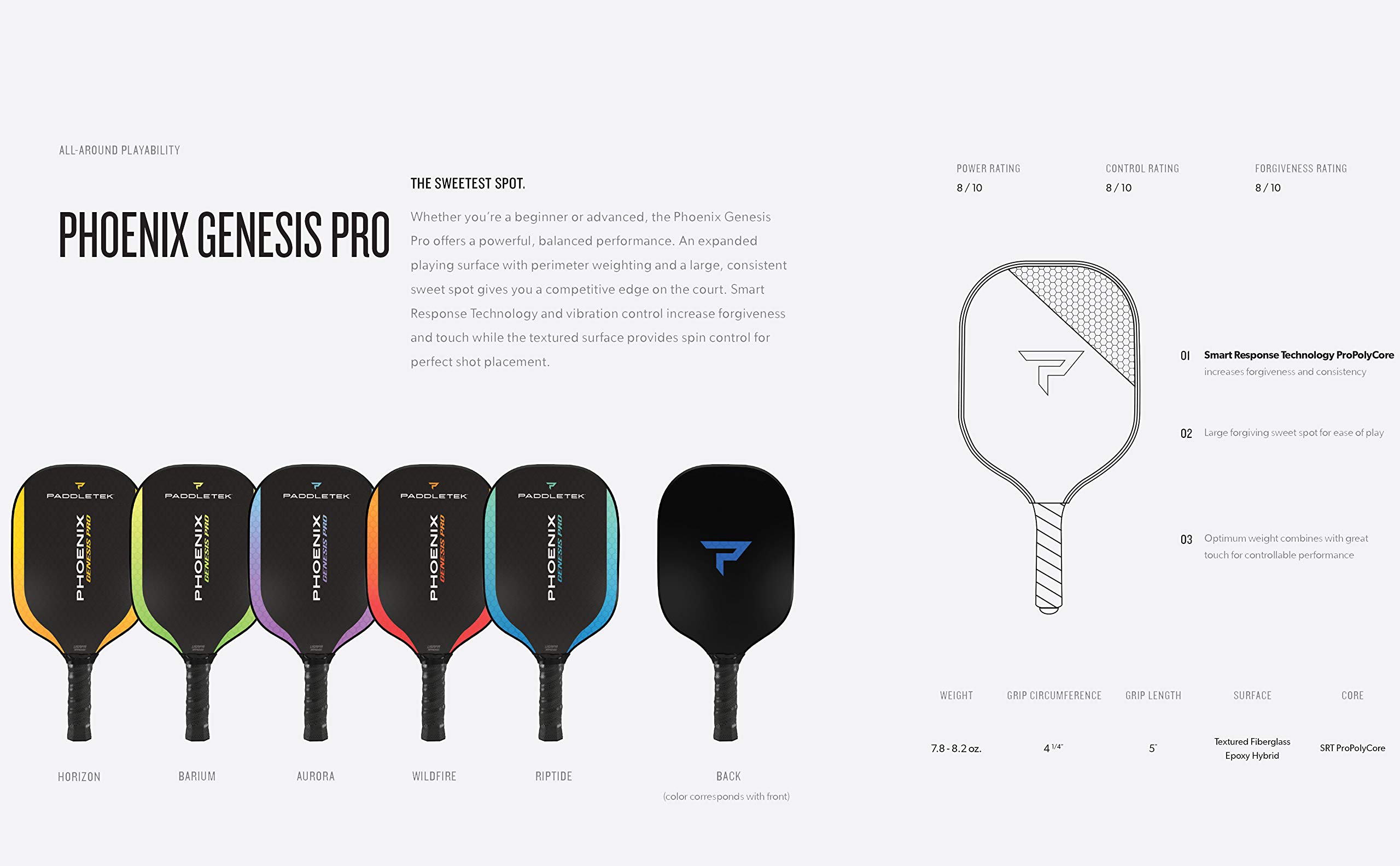 Paddletek Phoenix Genesis Pro - Professional Pickleball Paddles with Honeycomb Core β SRT Pro PolyCore & Fiberglass Epoxy Surface - High Tack Performance Grip β 7.8 oz to 8.2 oz β USAPA Approved