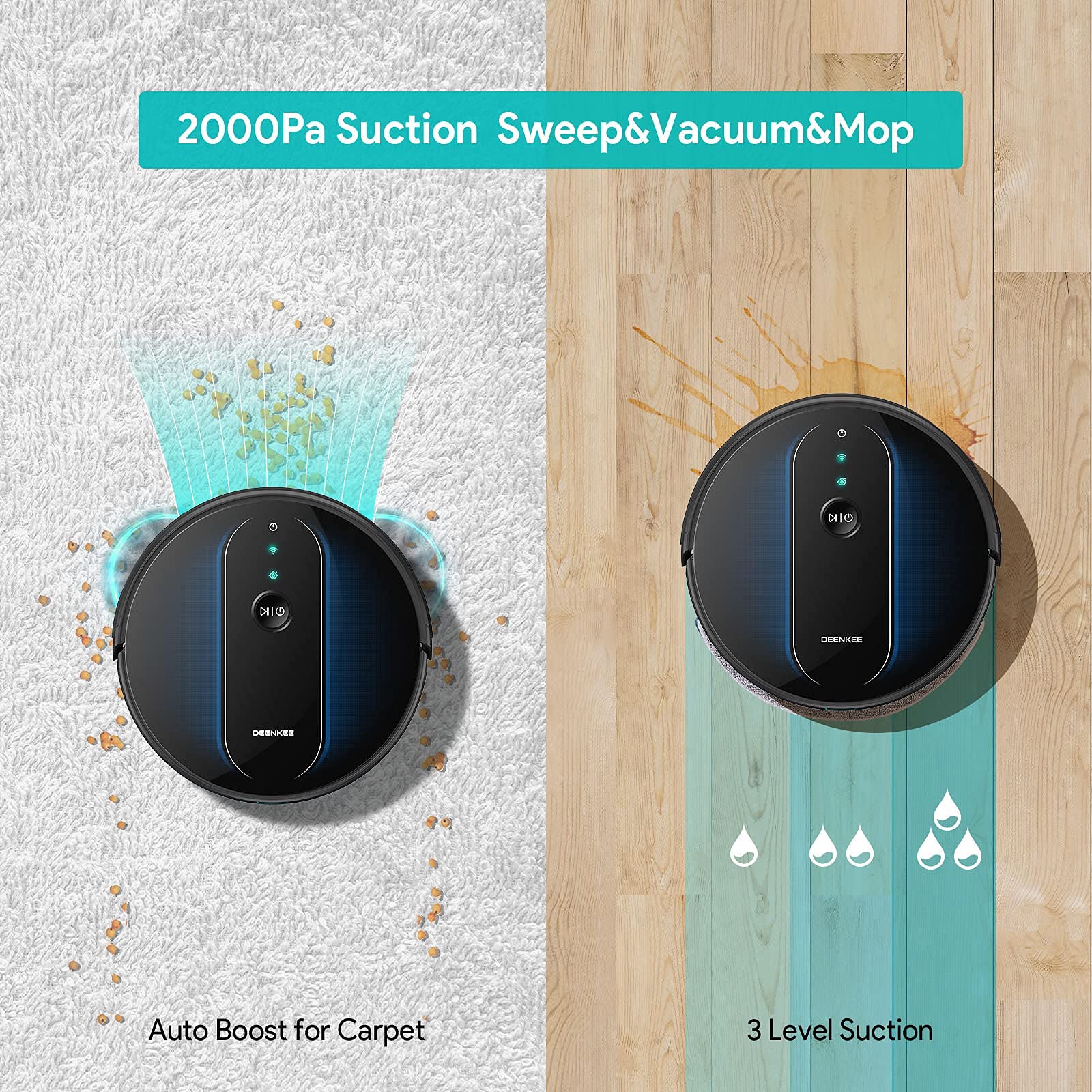Robot Vacuum,Deenkee Wi-Fi/App/Alexa Robot Vacuum Cleaner and Mop 2000Pa Suction for Pet Hair,Hard Floors,Carpets(160 Mins Runtime,6 Cleaning Mode,Smart Navigation & Mapping,Self-Charging,Thin,Quiet)