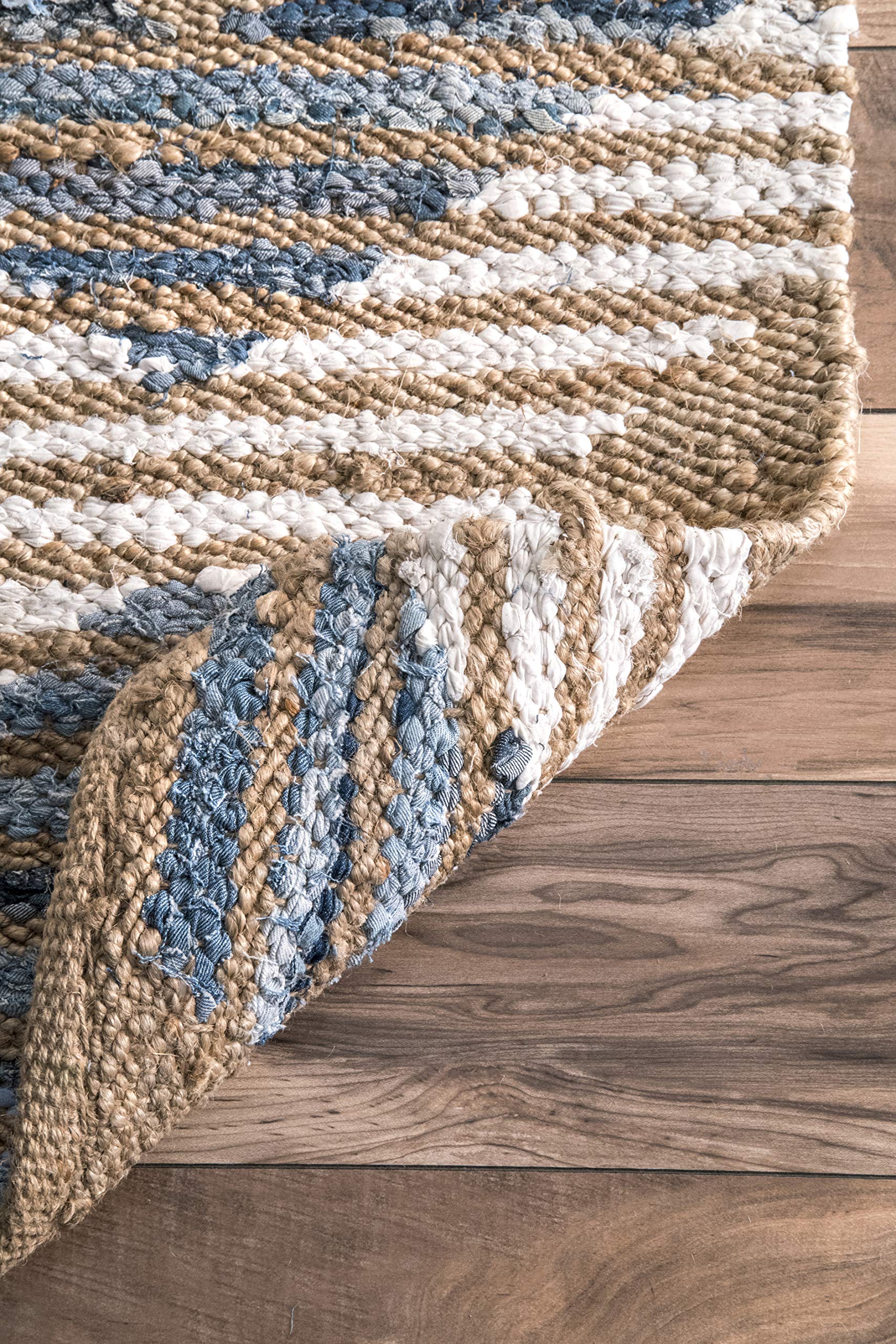 nuLOOM Hand Braided Marla Denim And Jute Diamonds Runner Rug, 2' 6" x 6', Off-white