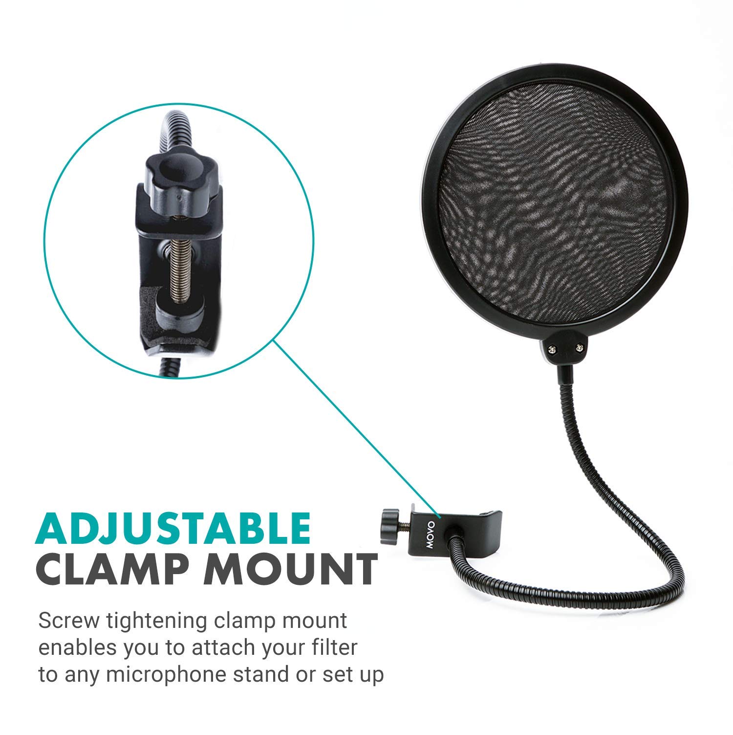 Movo PF-6 Dual Layer Nylon Mesh Microphone Pop filter, Gooseneck Arm and Clamp Mount. Pop Filter Delivers Professional Sound Quality Compatible with Blue Yeti, Blue Snowball Microphones and more