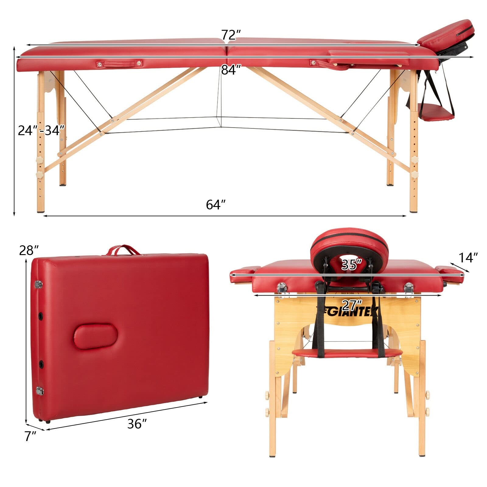 ZHYH 84" L Portable Massage Table Adjustable Spa Bed Tattoo w/Carry Case Red