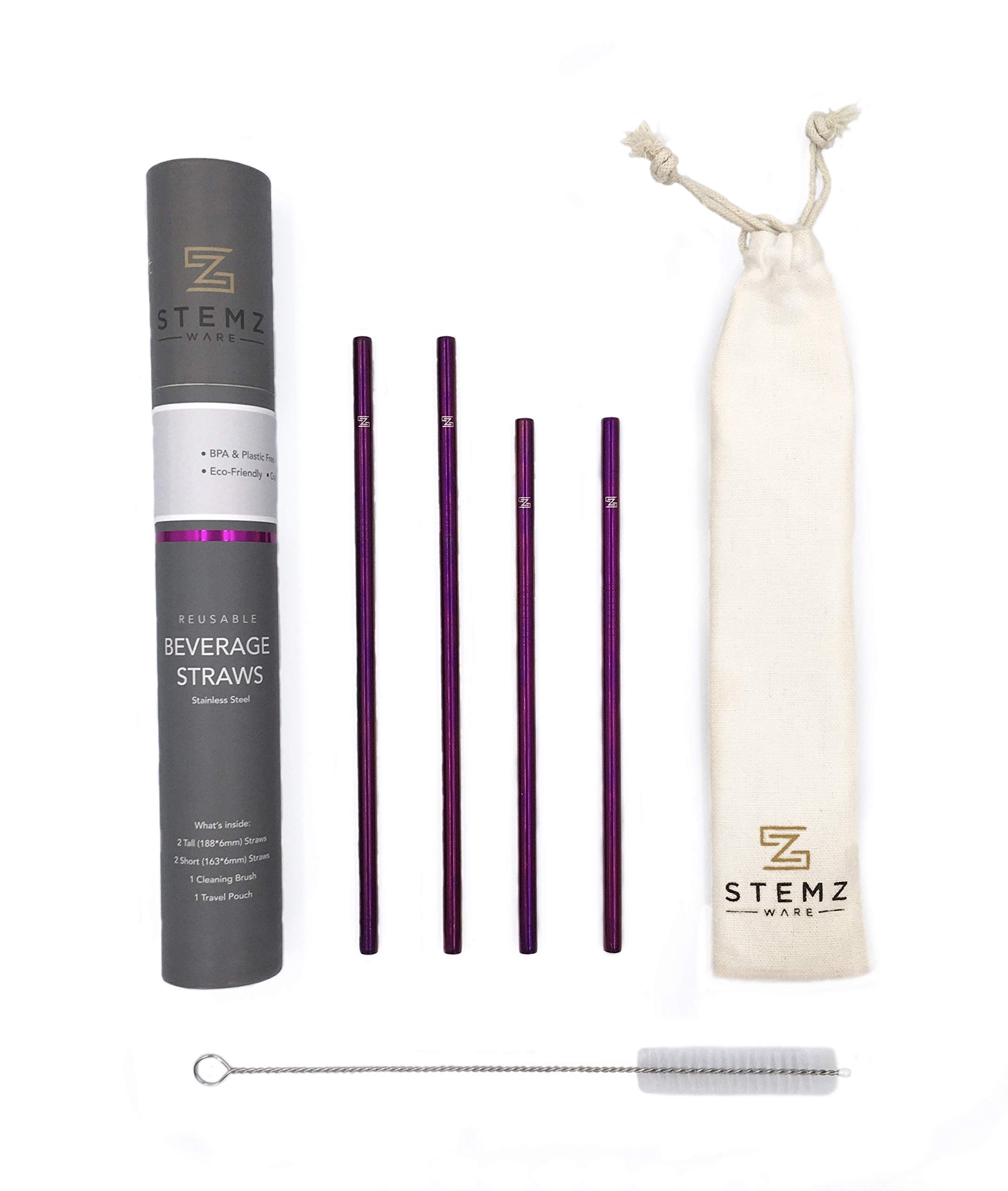 Reusable Stainless Steel Straw Set of 4 - Shorter Lengths (6.5" and 7.5") for Cocktails and Beverages. Travel Case and Cleaning Brush - Perfect for On The Go or Entertaining at Home (Purple Haze)