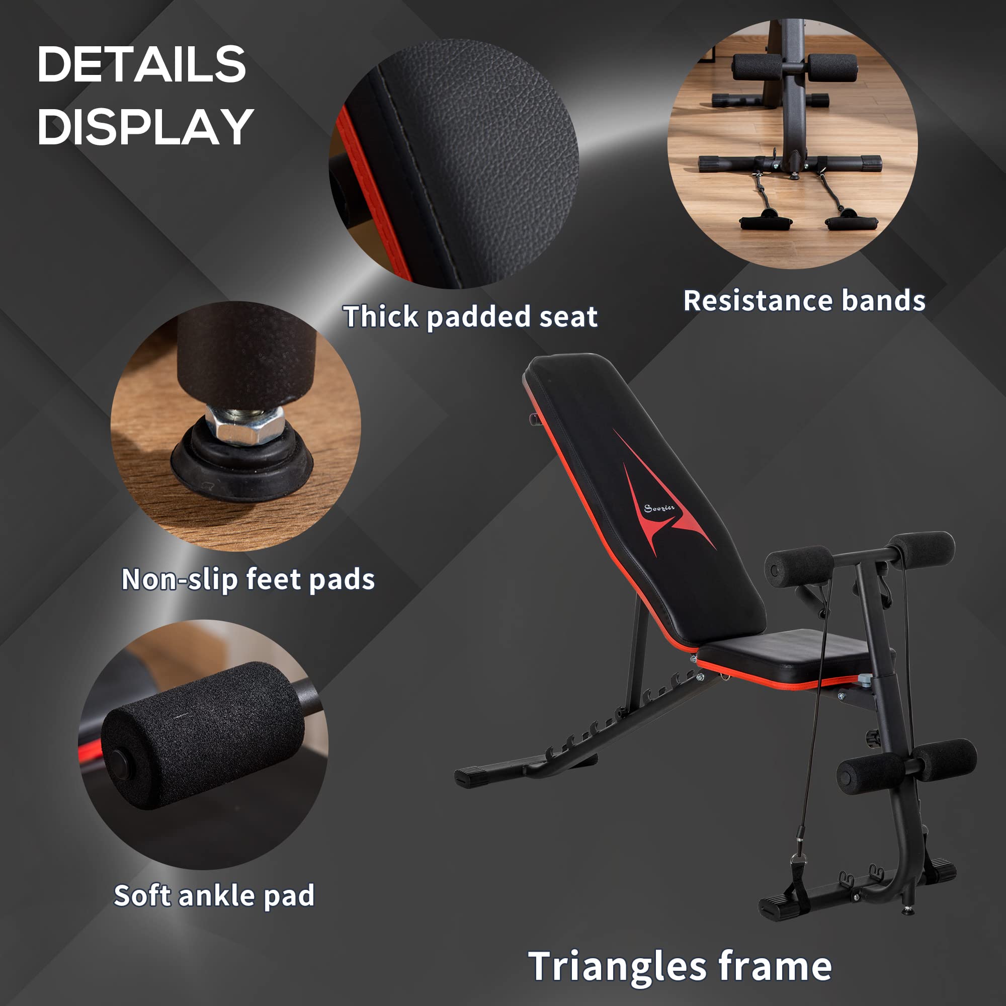 Soozier Adjustable Weight Bench, Utility Dumbbell Bench for Full Body Workout, Multifunctional Foldable Incline Bench for Home Gym, Weightlifting and Strength Training with Resistant Rope, Black