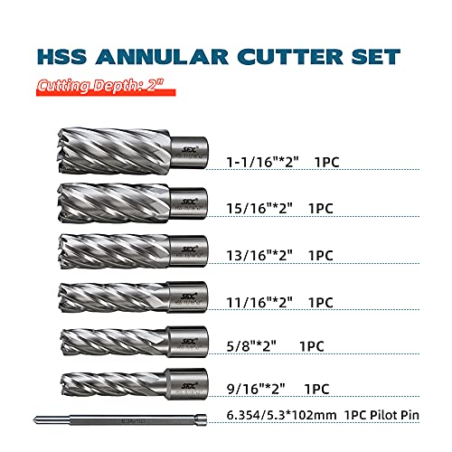 XINCHENG PRECISION Annular Cutter Set 6pcs 3/4 Inch Weldon Shank 2 Inch Cutting Depth 9/16” to 1-1/16 Cutting Diameter M2AL HSS Kit for Magnetic Drill Press with 1 Pilot Pins