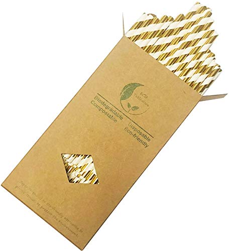 Shining Gold Striped Paper Straws, 100Percent Biodegradable Decorate Straws, Premium Cocktails Straws for Drinking, Juice, Smoothie Packed 100, 6x197mm
