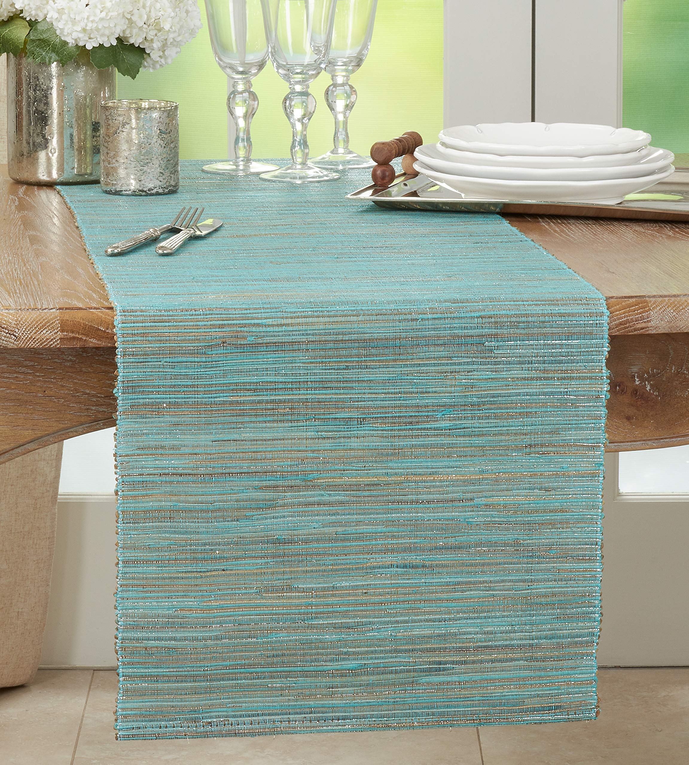 SARO LIFESTYLE 217.TQ14108B Melaya Collection Shimmering Woven Nubby Water Hyacinth Table Runner, 14" x 108", Turquoise