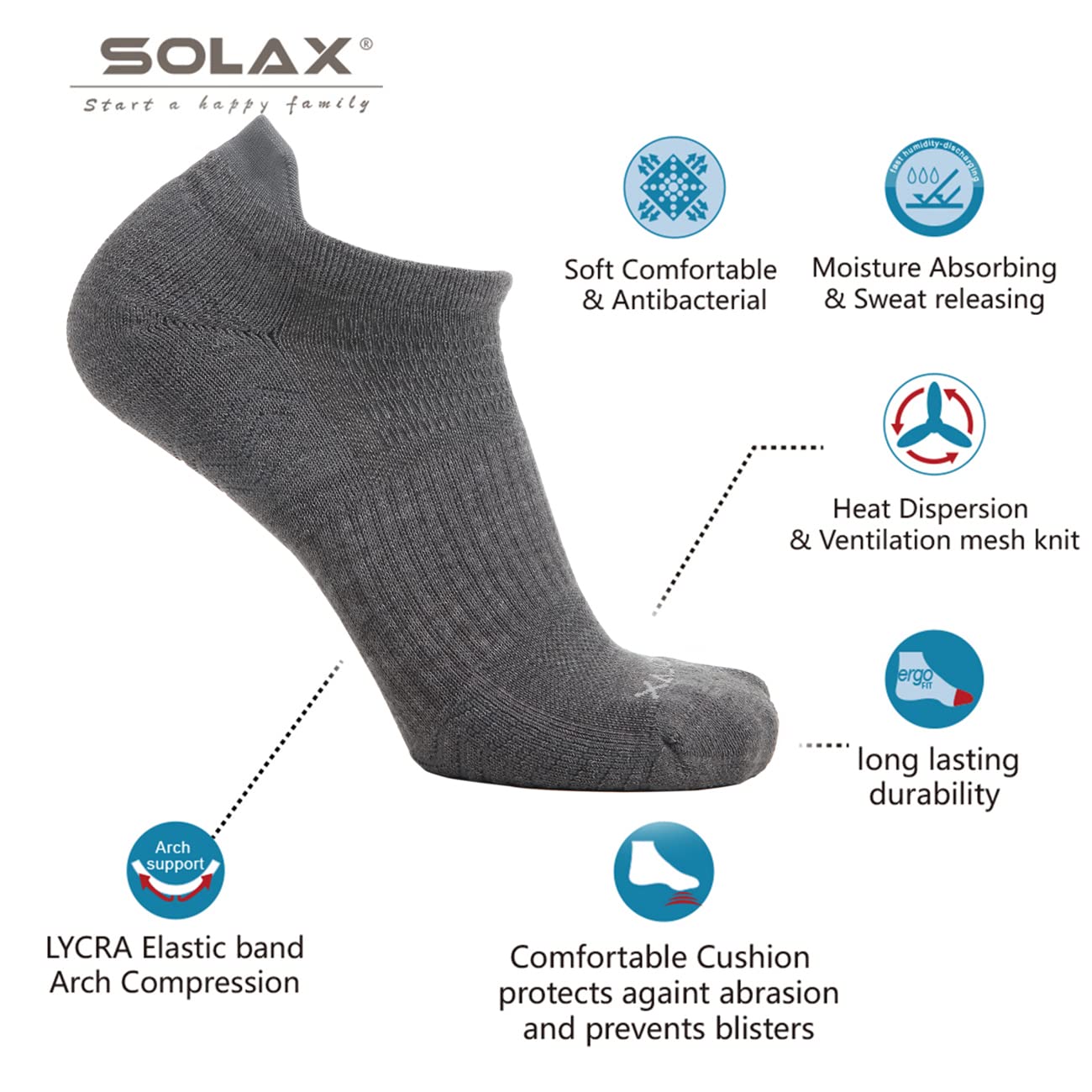 SOLAX Mens Coolmax Cotton Athletic Sport Ankle Quarter Hiking & Running Socks 3 Pairs