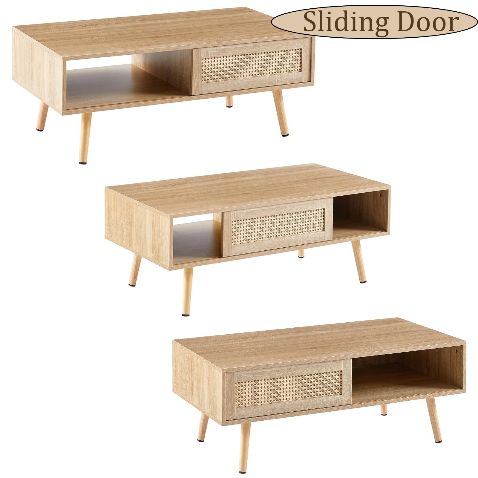 Modern Rattan Coffee Table with Sliding Door Storage, 41.3 Inch Small Wood Coffee Table with Solid Wood Legs, Boho Coffee Tables for Living Room