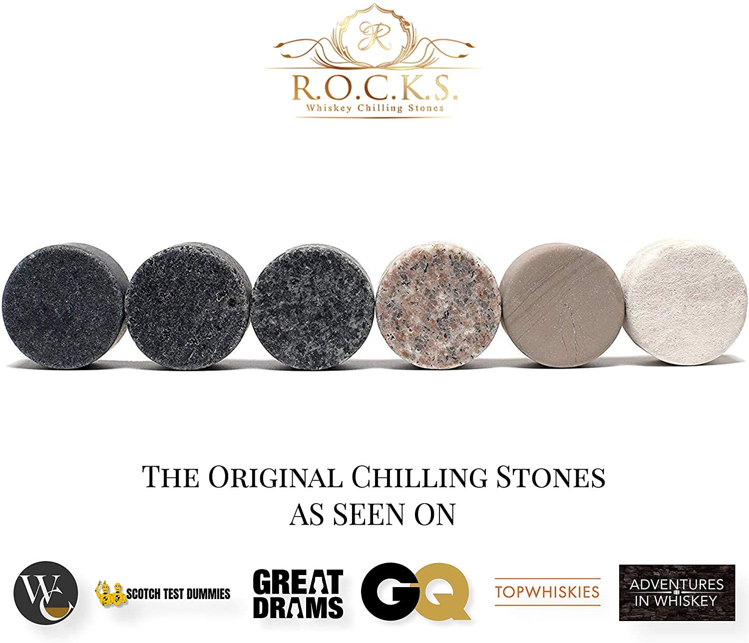 Whiskey Chilling Stones Gift Set - 6 Handcrafted Premium Granite Round Sipping Rocks - 2 Heavy Bourbon Glasses - Hardwood Presentation & Storage Tray - Elegant Gold Foil Gift Box by R.O.C.K.S.