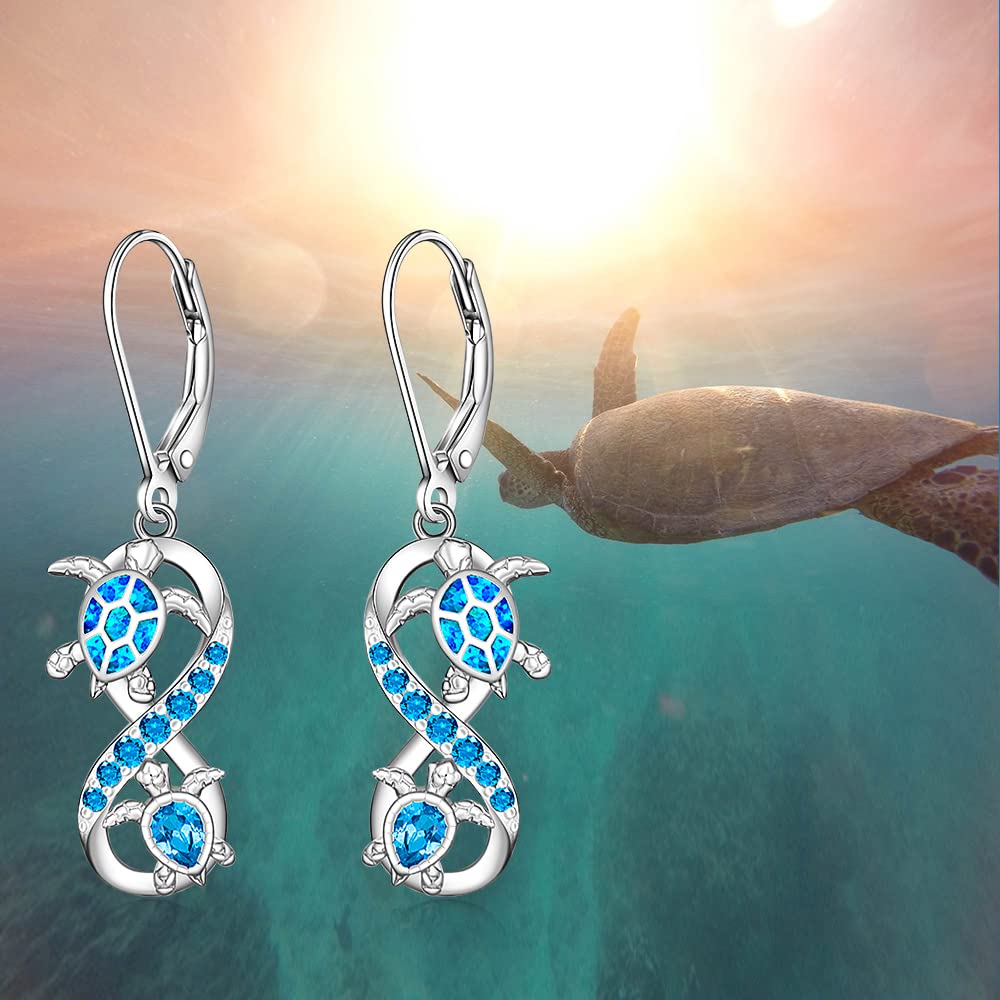 Turtle Earrings for Women Sterling Silver Infinity Blue Opal Sea Turtle Earrings Dangle Drop Tortoise Ocean Wave Jewelry Gifts for Turtles Lovers