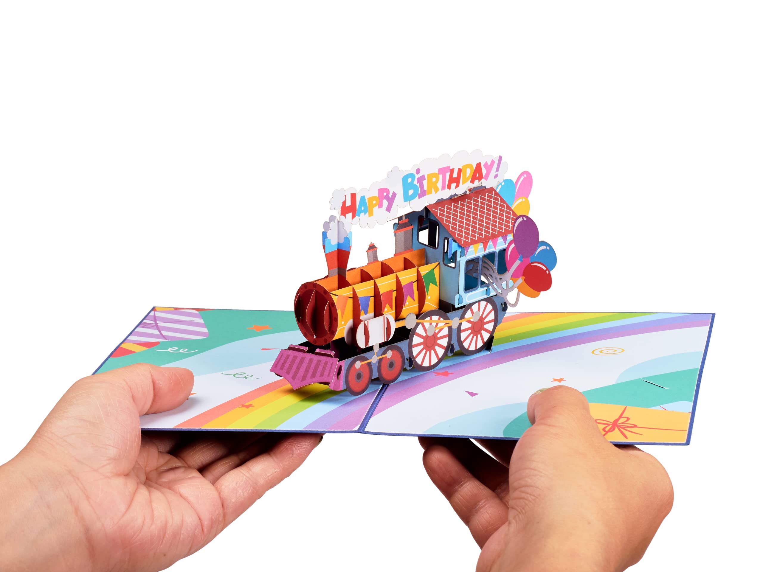 Paper Love Happy Birthday Train, Handmade 3D Pop Up Birthday Card - 5"x7" Cover - Includes Envelope and Note Tag