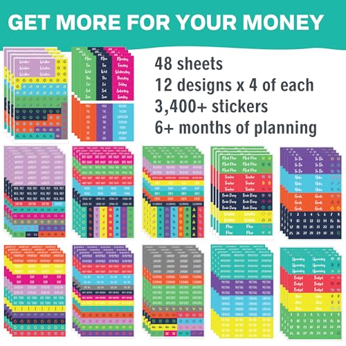 Practical Planner Stickers - Value Pack 48 Sheets, 6 Months of Aesthetic Agenda Stickers for Weekly Planner, Bullet Dot Journal - Planning, Goals, Fitness, Habit Tracking, Days