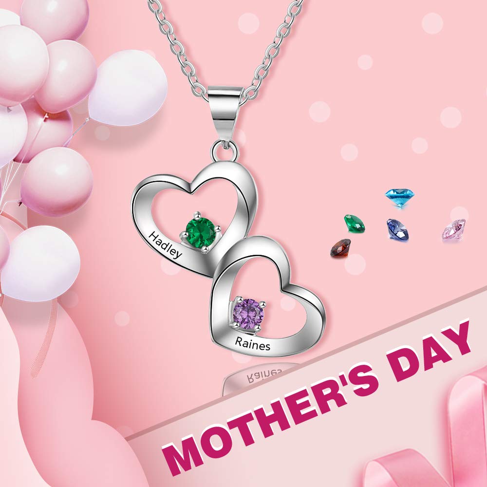 Personalized 2 Names Sterling Silver Necklace with 2 Simulated Birthstones Couple Engraved Love Heart Pendant Promise Necklace for Women