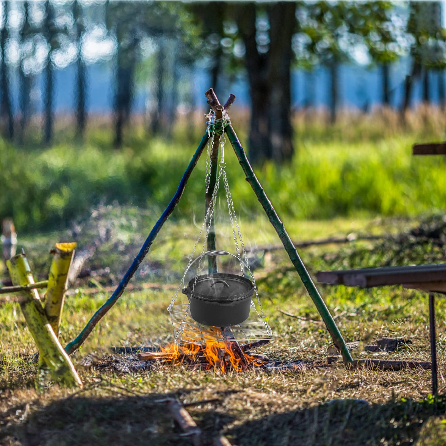 REDCAMP Camping Tripod Board with Grill Grate, Portable Campfire Accessories with Adjustable Chain for Outdoor Cooking