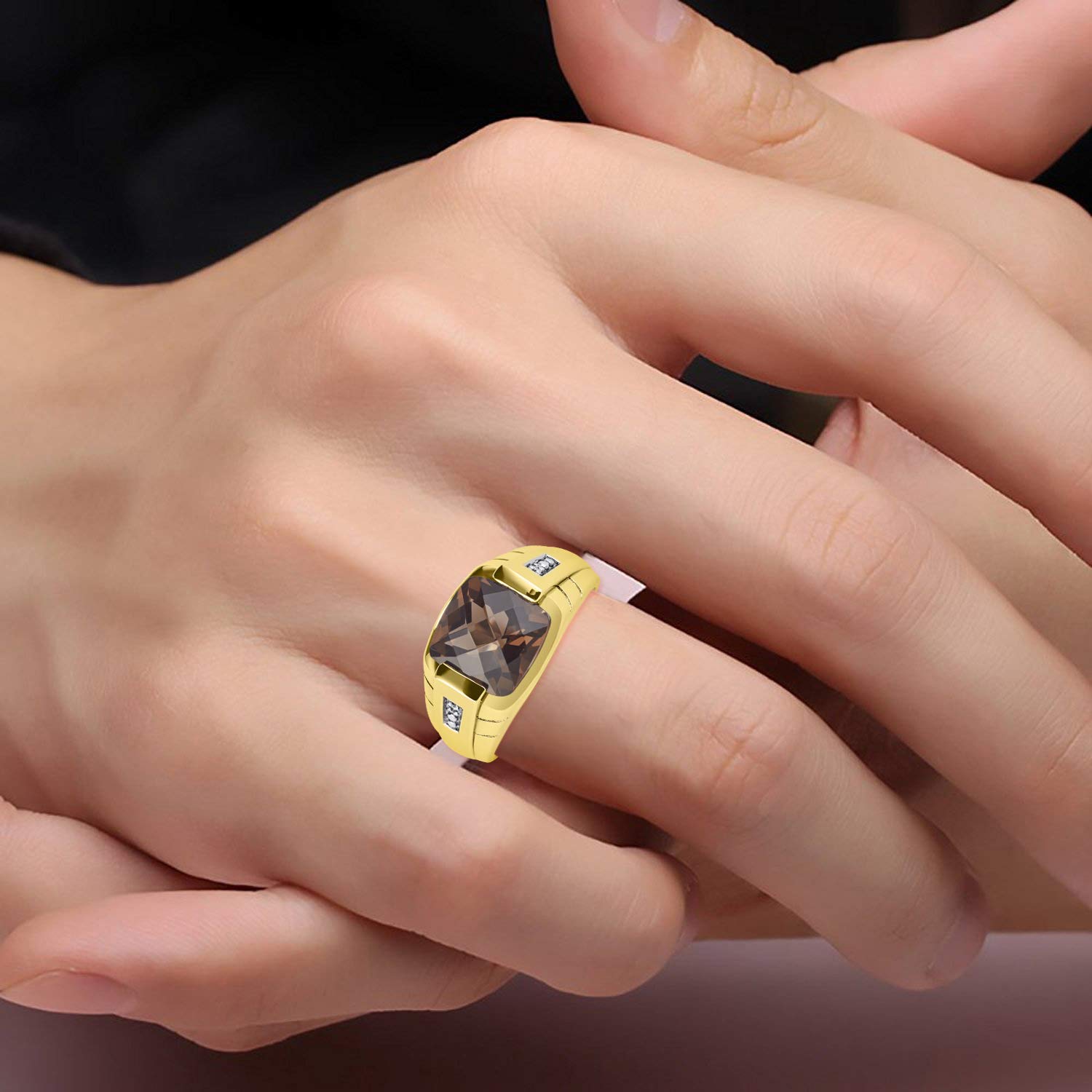 Rylos 12MM Cushion Shape Checker Top Smoky Quartz Color Stone & Diamonds Set in Yellow Gold Plated Silver Size 9