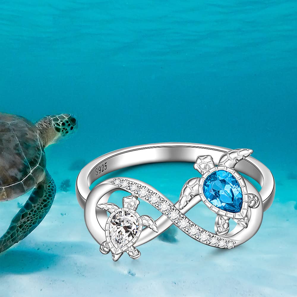 Turtle Ring Sterling Silver Infinity Rings for Women Mother Daughter Blue Sapphire Ocean Wave Longevity Sea Turtle Jewelry Gifts Size 6