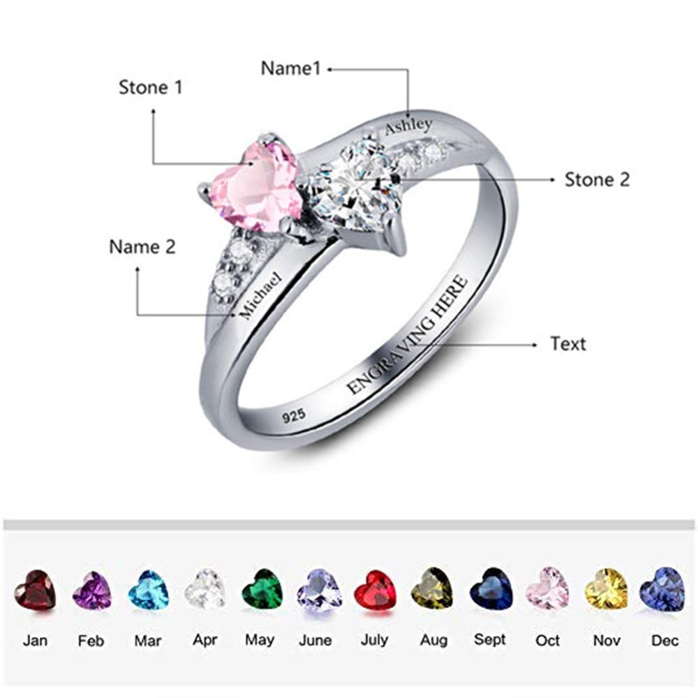Personalized Promise Rings for Her Mother Rings with 2 Simulated Birthstones Custom Couples Name Ring for Women (silver, 7)