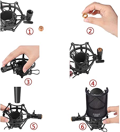 Microphone Shock Mount with Pop Filter, PEMOTech Mic Anti-Vibration Suspension Shock Mount Holder for 46mm-53mm Diameter Microphone, Compatible for AT2020 Microphone Shock Mount Bonus Screw Adapter