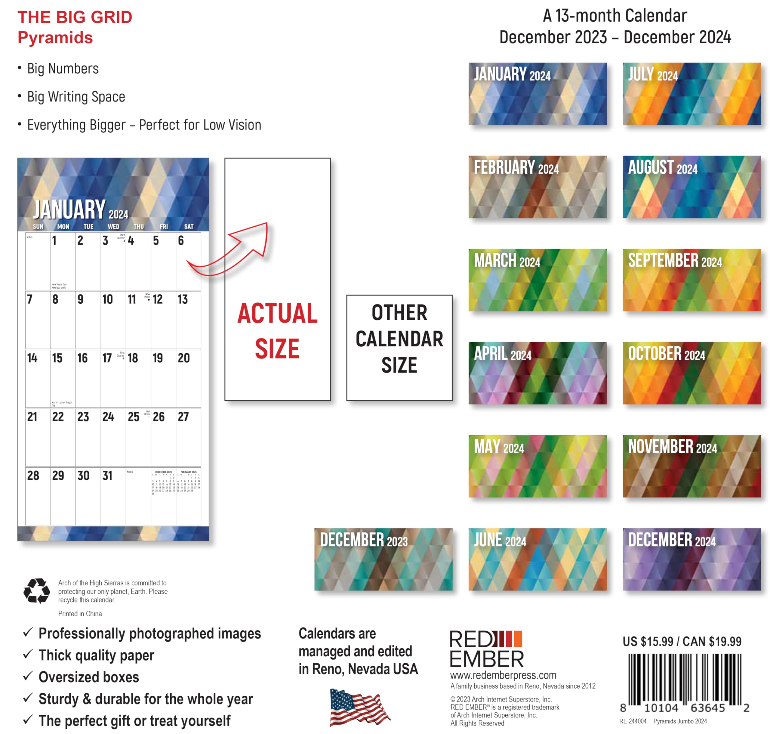 RED EMBER The Big Grid Jumbo Large Print - Pyramids 2024 Hangable Monthly Wall Calendar - 12" x 24" Open | Giftable | Easy to Read Planners for Office Extra Large | Massive Writing Space