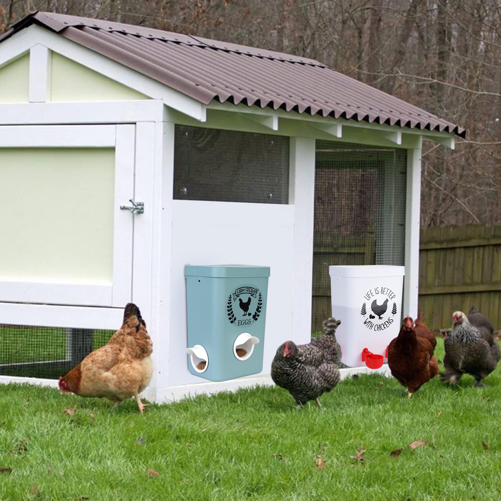 Tgeyd Chicken Feeder and Chicken Waterer Set (3 Gallon/26 Pounds) - Hanging Automatic Chicken Feeder No Waste - Chicken Coop Accessories - Poultry Waterer with