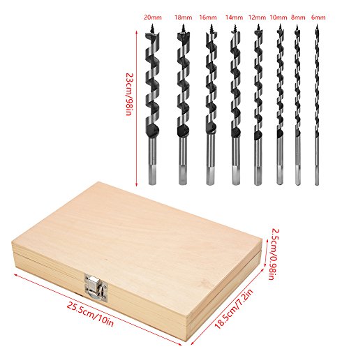 Zerone Auger Drill Bit, 8pc Carbon Steel Hex Shank Brad Point Drill SDS Auger Spiral Wood Drilling Tool with Wooden Case, Diameter 6mm 8mm 10mm 12mm 14mm 16mm 18mm 20mm