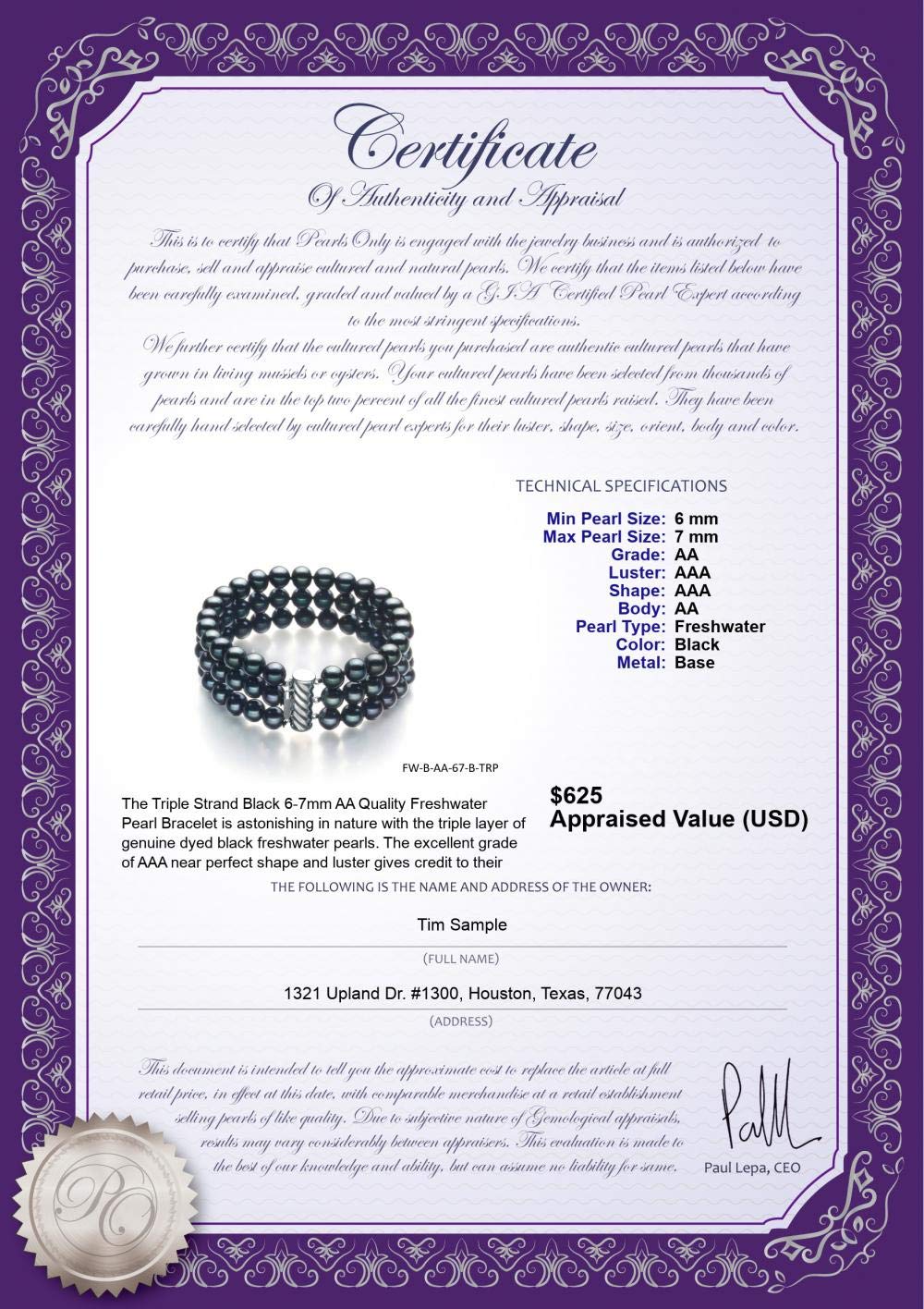 Medina Black 6-7mm Tripple Strand AA Quality Freshwater Cultured Pearl Bracelet for Women-7.5 in length