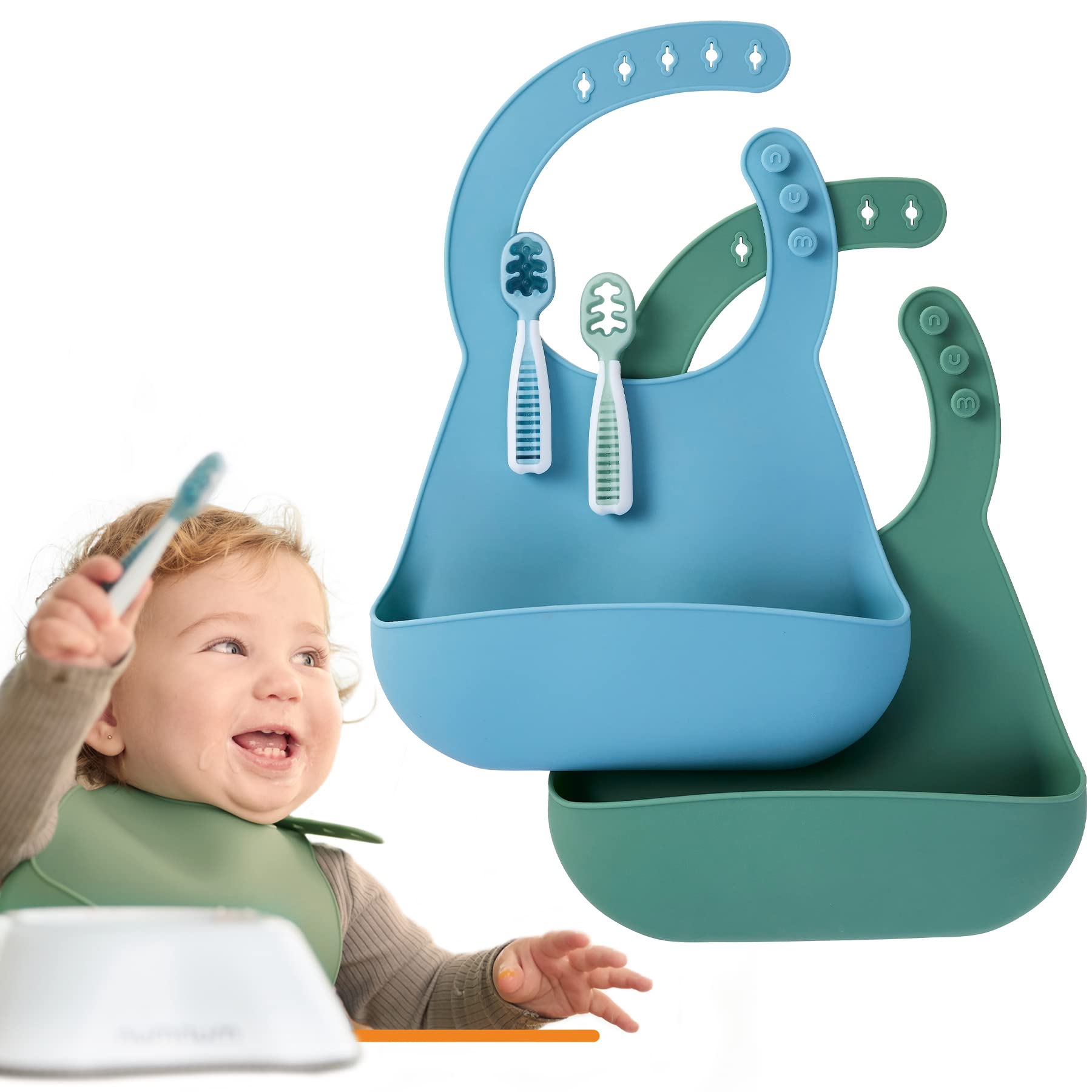 NumNum Pre-Spoon GOOtensils + Silicone Bibs - Babies & Toddlers Ki | Self Feeding Baby Spoon Set (Stage 1 + Stage 2) | Waterproof, Soft, Adjustable, 100% Food Grade Bib - (Blue/Glacier Green)