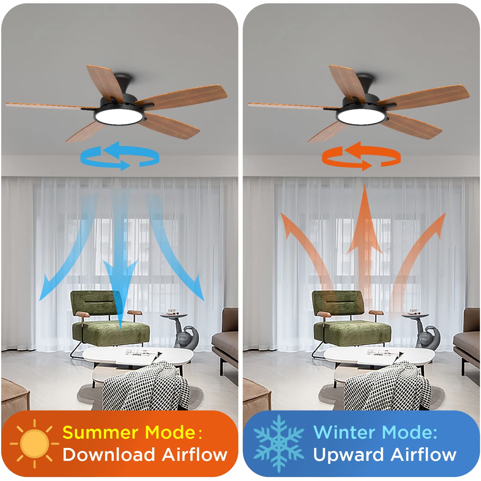 TALOYA 52 inch Ceiling Fans with Lights,Ultra Silent Multifunctional Ceiling Fan with Three Color Temperature and Dimmable Light with Reversible Blades Black