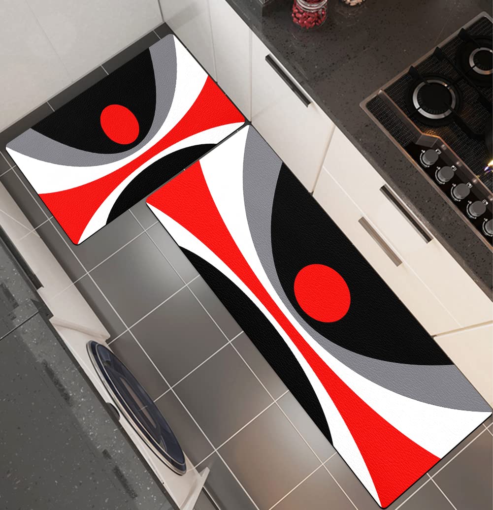 Red and Black Kitchen Rugs and Mats Abstract Art Kitchen Decor Set of 2 Kitchen Floor Mat Non-Slip Backing Washable Kitchen Rugs Set for Home Office Laundry (Red Black, 17"x29.5"+17"x47")