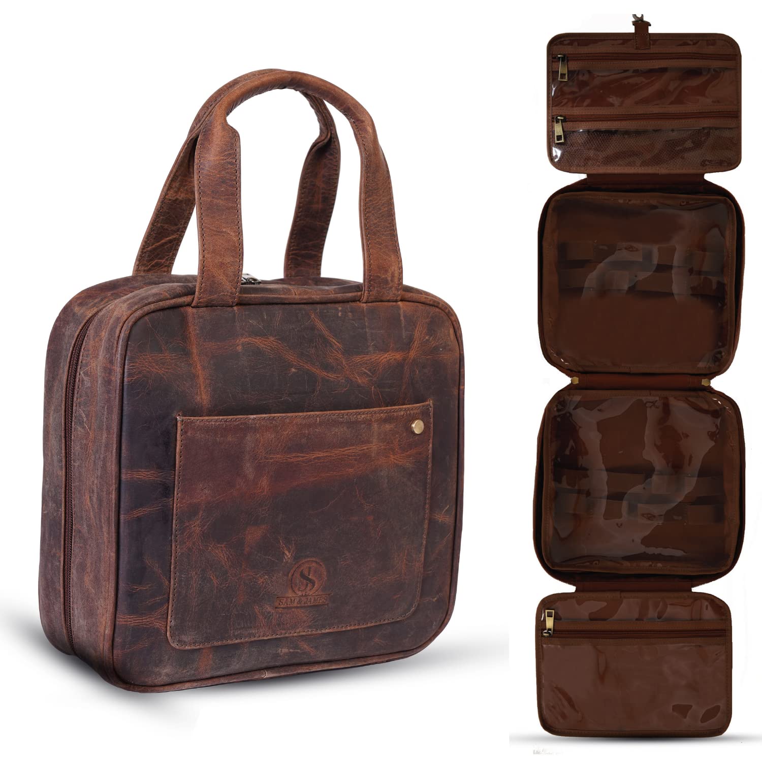 S&J Large Hanging Leather Toiletry Bag for Men | Full Grain Genuine Leather Dopp Kit With Large Foldable Compartments | Real Leather Makeup Bag Organizer for Women With See-through Pvc Compartment