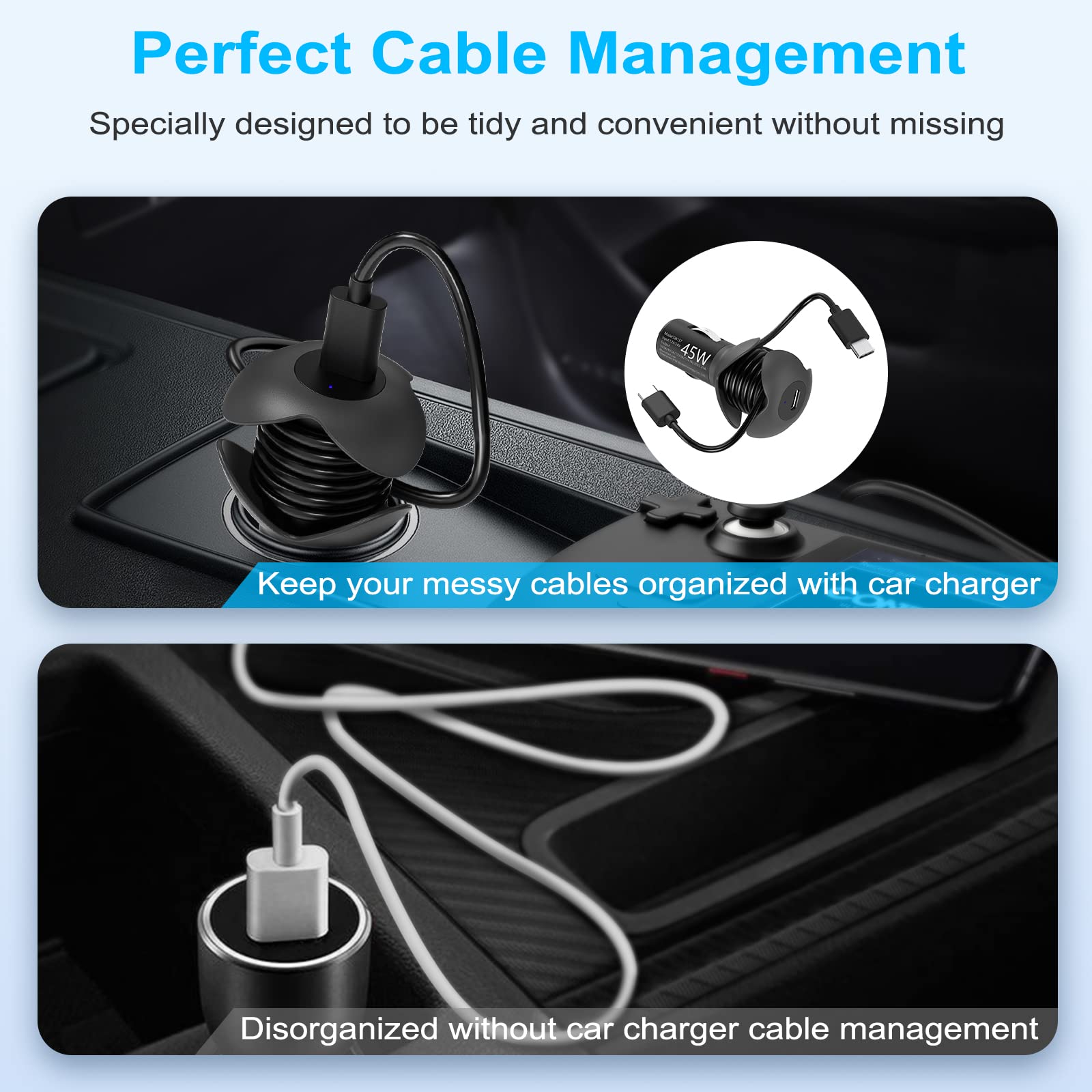 USB C Car Charger,45W Fast Type C Car Charger Adapter PD 3.0 Port with Cable Management,Compatible with Steam Deck/Nintendo SWitch/Switch OLED/USB C Phones and Tablets with 3.9FT Type C Charging Cable