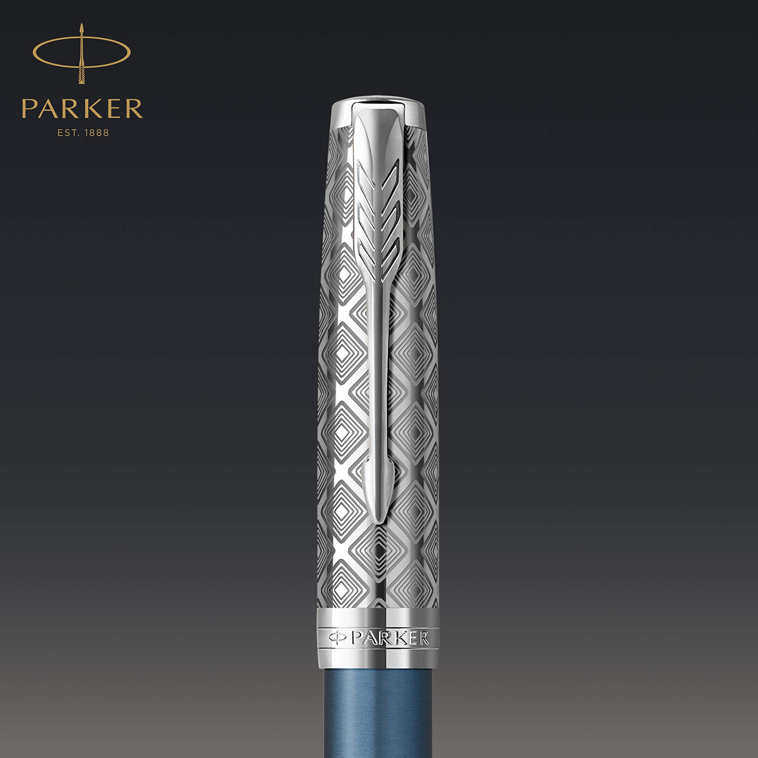 PARKER Sonnet Fountain Pen | Premium Metal and Blue Satin Finish with Chrome Trim | Fine 18k Gold Nib with Black Ink Cartridge | Gift Box