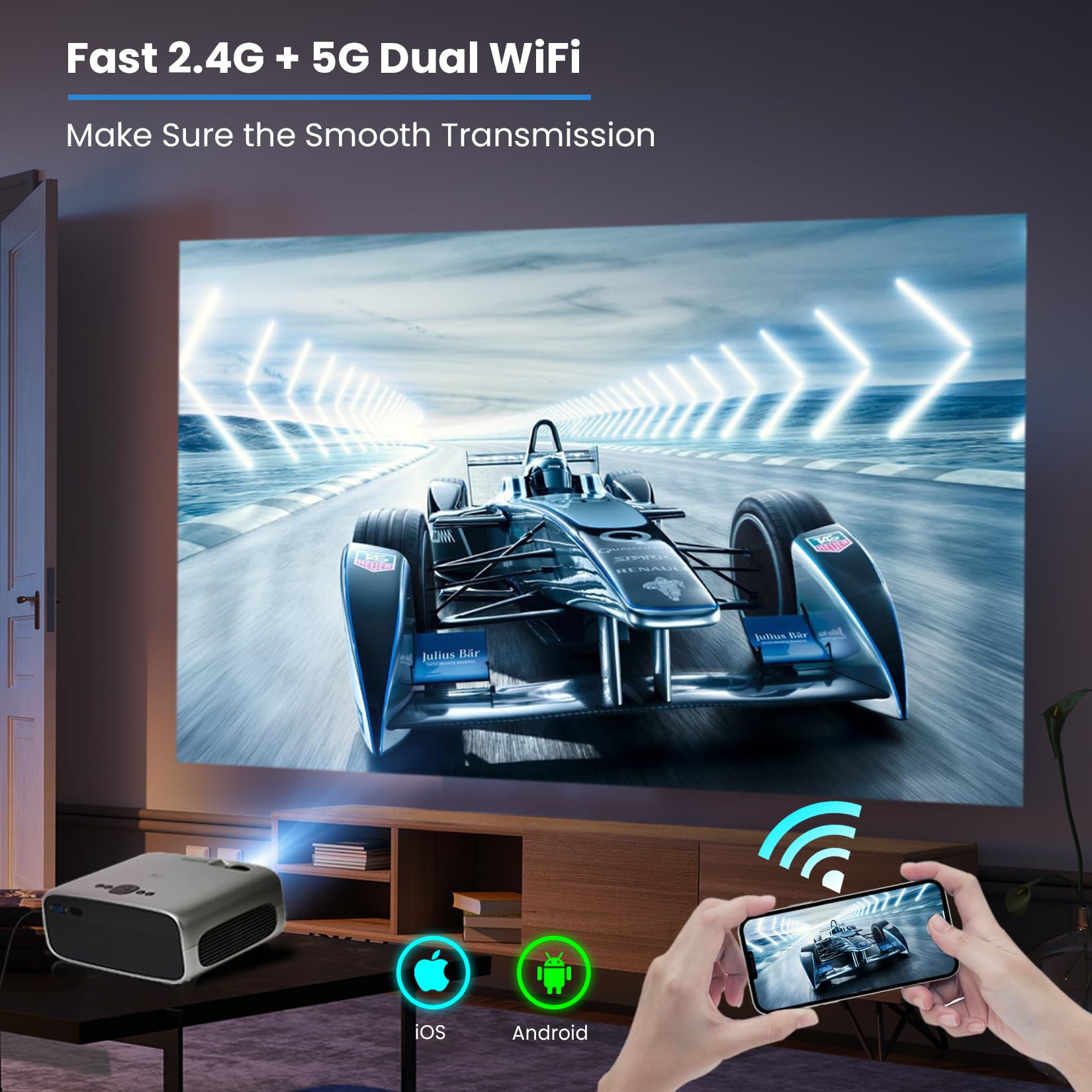 PHILIPS Android TV Projector with Apps and 5G WiFi Bluetooth - Smart Projector Built-in Netflix, YouTube, Outdoor Movie Projector 4D 4P Keystone, Zoom, Compatible w/ iOS/Android/Xbox/PS4/TV Stick/HDMI
