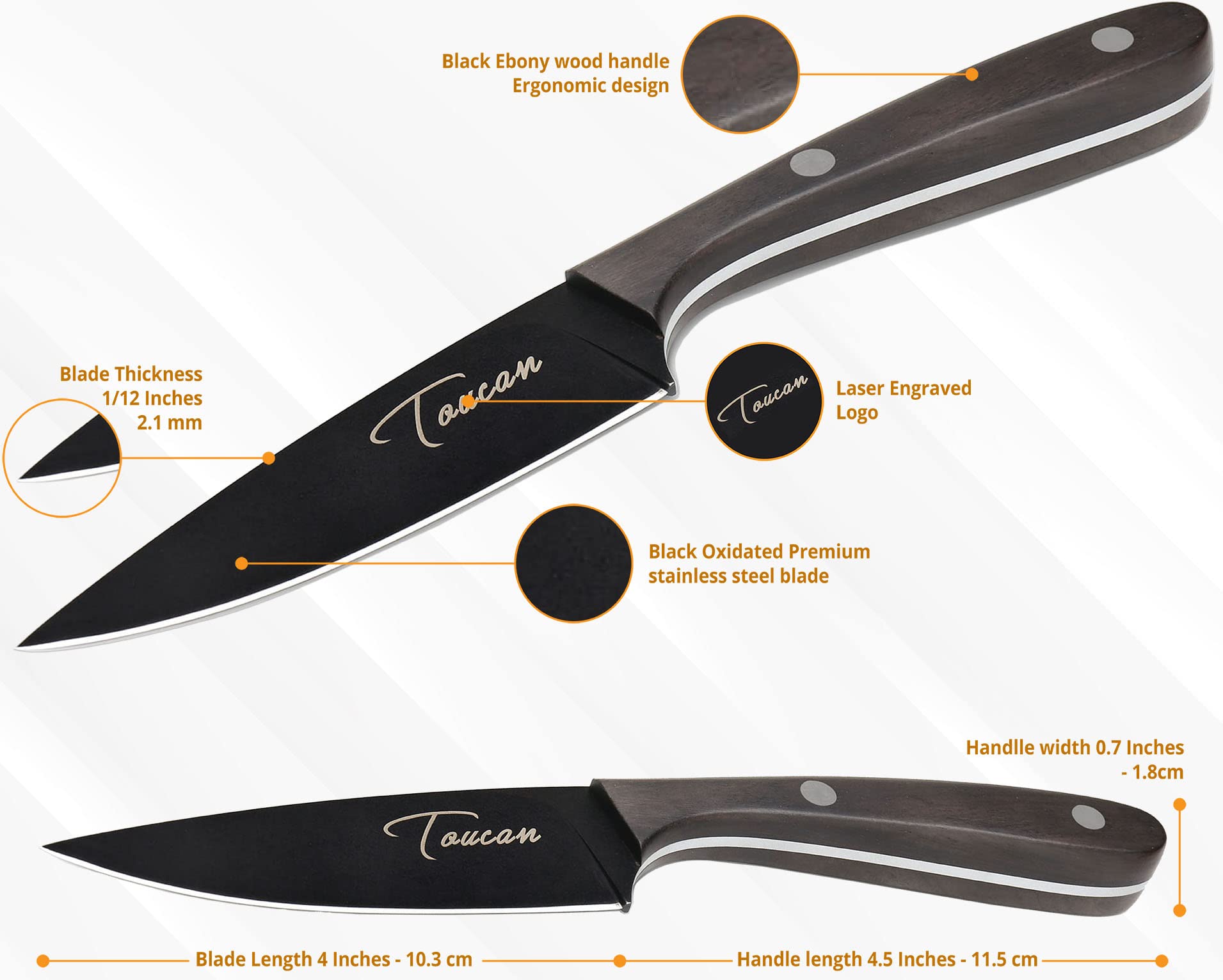 TOUCAN Black Paring Knife β Professional Kitchen Knife for Fruits and Vegetables β Premium Stainless Steel with Ergonomic Handle β 4-inch Blade for Chopping, Cutting, Peeling