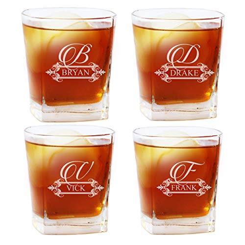 Set of 1, 2, 6, and More Custom Engraved Square Rocks Glasses for Groom, Groomsman - Personalized Whiskey Glass Gift for Wedding Party - Fancy Style (4)