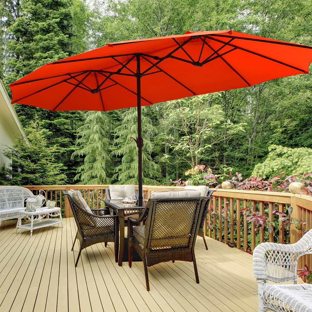 Tangkula 15 Ft Patio Double Sided Umbrella with Base, Extra Large Market Outdoor Twin Table Umbrella with Crank Handle