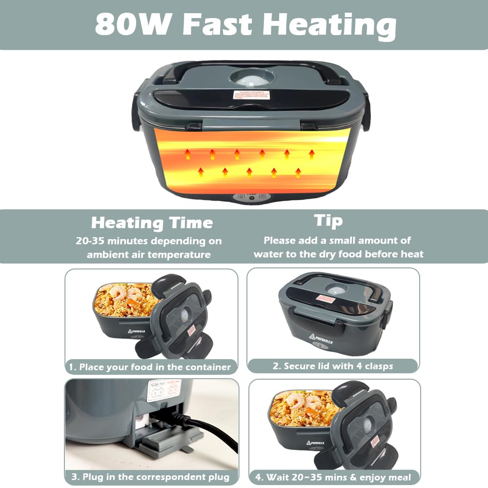 PHIWILLS 80W Electric Lunch Box 1.5L Container Food Warmer Heater, 12V/24V/110V Heated Lunchbox for Car/Truck/Work with 0.45L Compartment, Stainless Steel Spoon & Fork, Insulated Bag