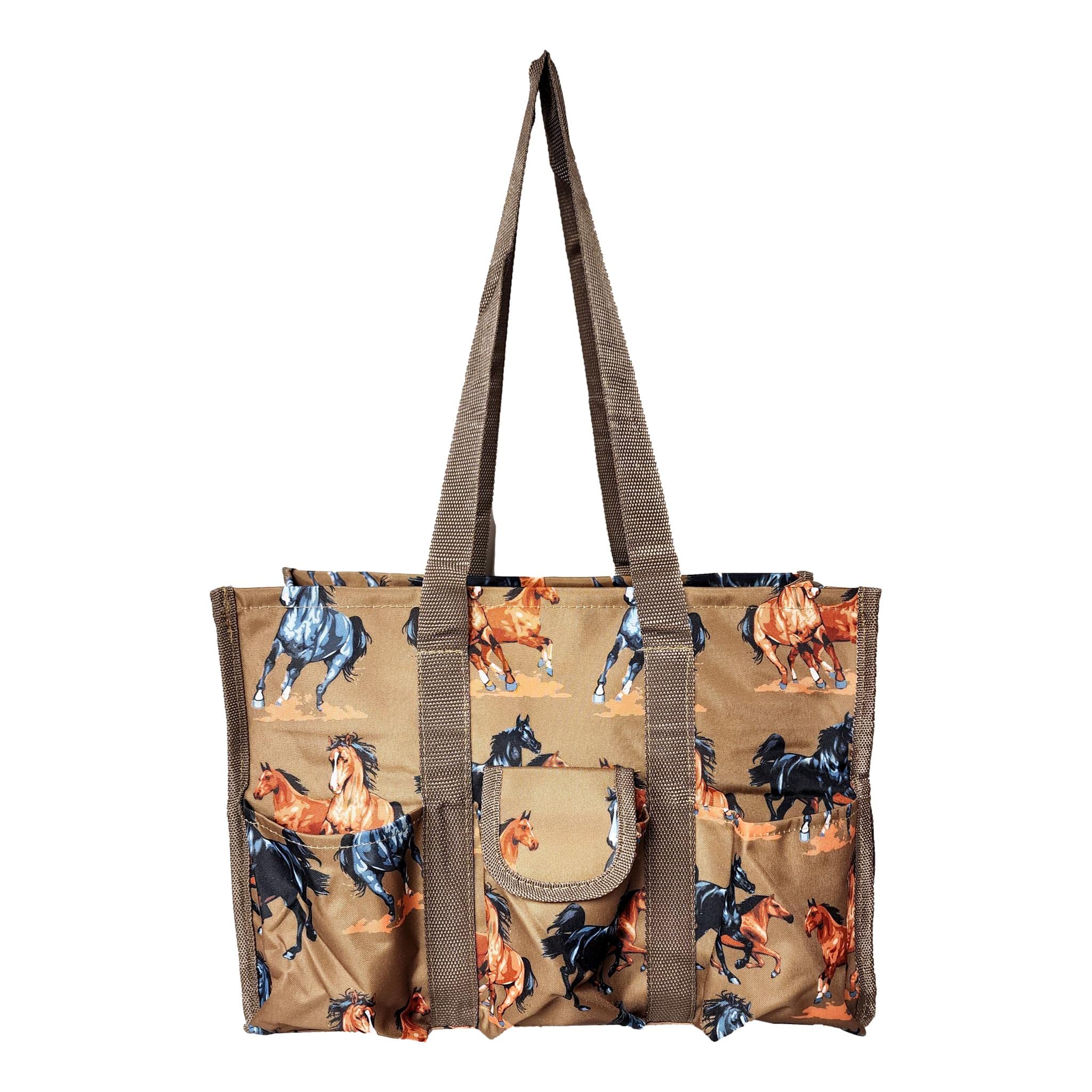 SONA G DESIGNS Multi Pocket Organizing Horse Tote Bag for Nurses, Students, Teachers, Women Zipper Top (Horses)