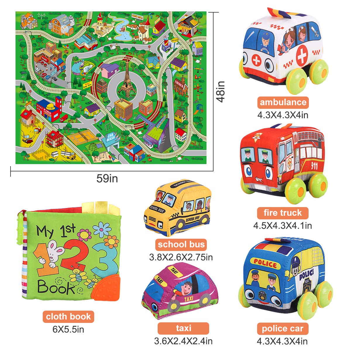 REMOKING Pull-Back Vehicle Toys Set, STEM Soft Vehicle Toy Set 5 Cars with Play Mat, Educational Interesting Cloth Book Set, Great Gifts for Kids 3 Years and up