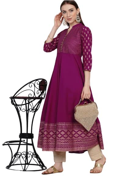 Trend Matters Indian Women Mauve Cotton Anarkali with Ajrakh Hand Block Print