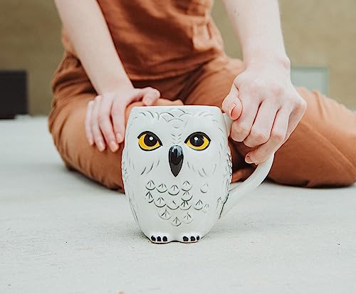 Silver Buffalo Harry Potter Hogwarts House Crest Sculpted Owl Handle Coffee Ceramic Mug, 20 Ounces White