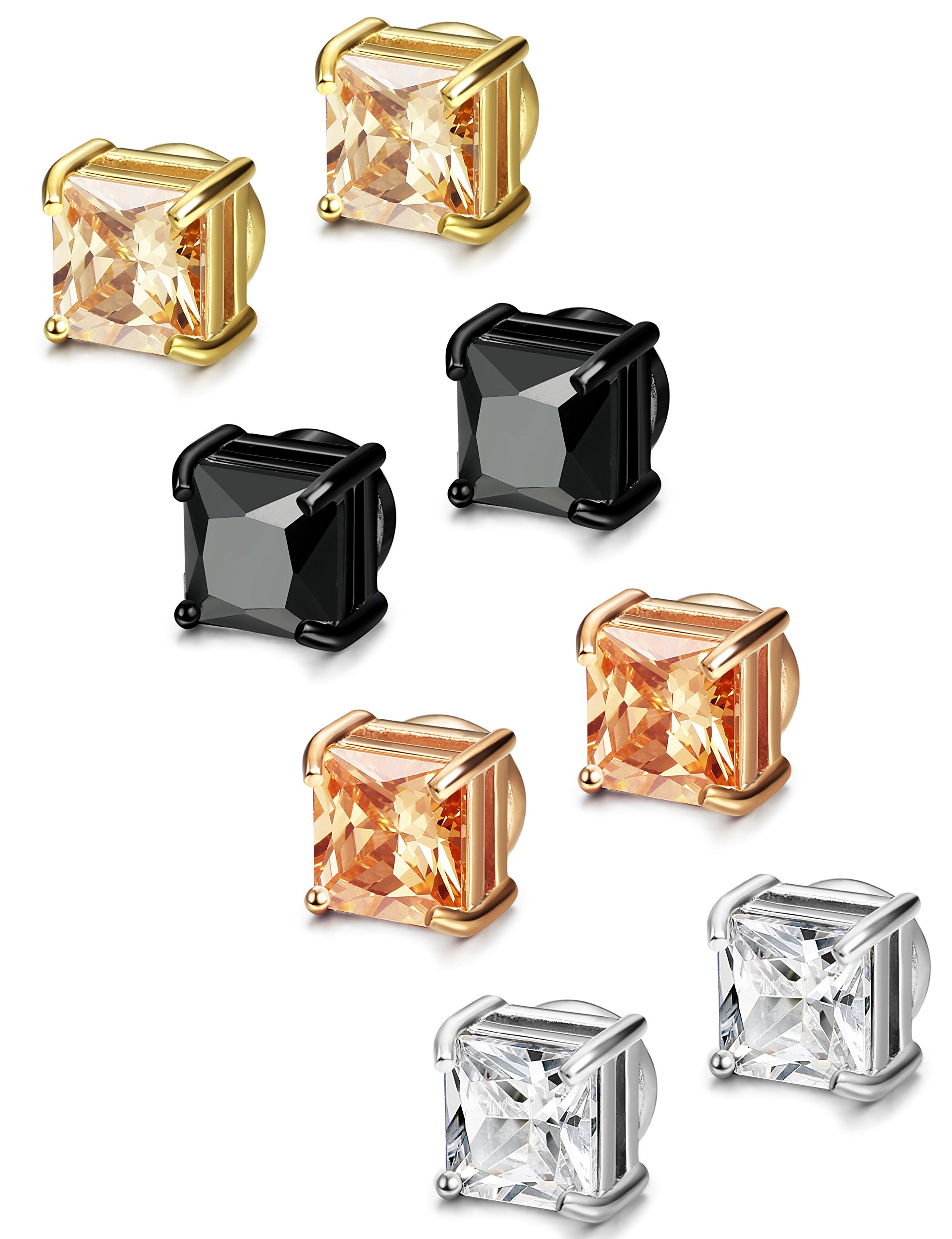 LOYALLOOK 4 Pairs Assorted Princess-cut CZ Magnetic Stud Earrings Non-Piercing Fake Plug 8MM Square