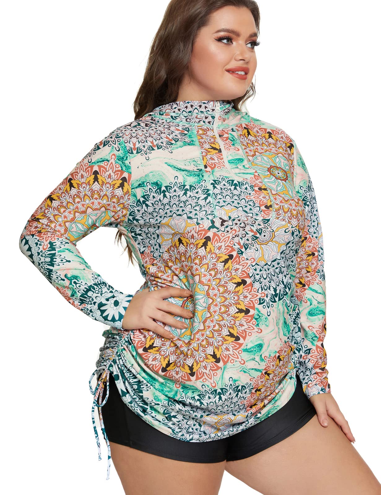 Rash Guard Women Long Sleeve Plus Size UV Sun Protection Swimsuit Top Green Pattern 22W 4X