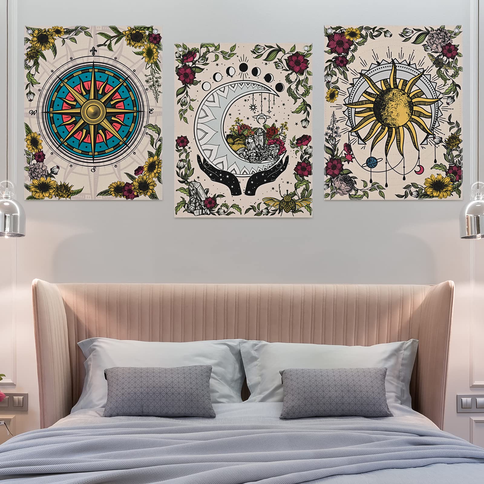 Pack of 3 Tarot Tapestry Tarot Card Tapestry The Sun The Moon The Star Tapestry Floral Plants Tapestry Moon Phase Tapestry with Rustproof Grommets, Seamless Nails