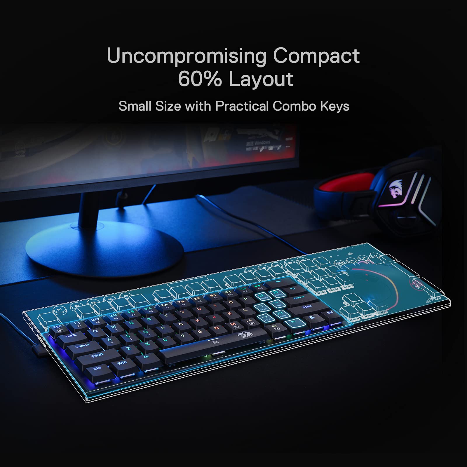 Redragon K614 Anivia 60% Ultra Thin Wired Mechanical Keyboard, Slim Compact 61 Keys RGB Gaming Keyboard w/Low Profile Linear Red Switches and Double-Shot Keycaps for Fast & Accurate Actuation