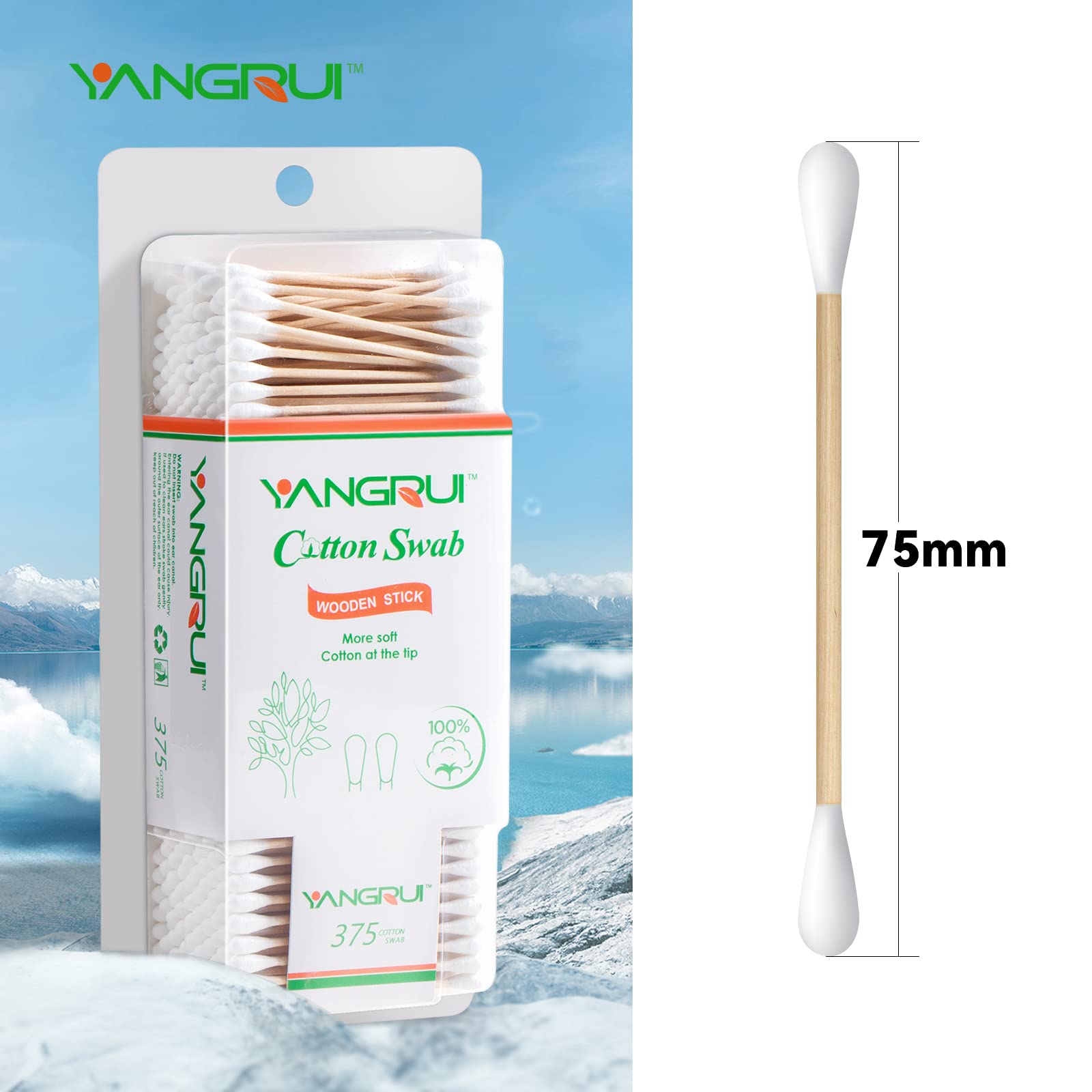 YANGRUI Cotton Swab, 375 Count Wooden Stick BPA Free Naturally Pure Double Round Ear Swabs White Cotton Buds (Pack of 1)